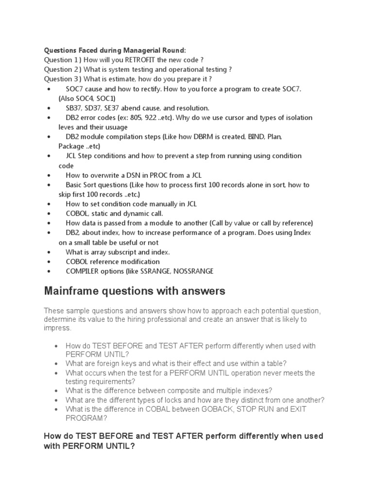 Mainframe Questions With Answers | PDF | Database Index | Understanding