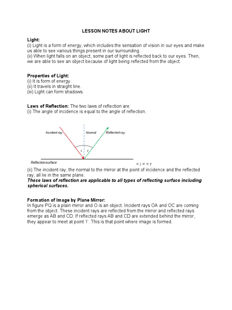Lesson Notes About Light | PDF | Reflection (Physics) | Mirror