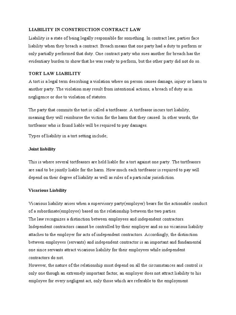 Liability in Construction Contract Law | PDF | Indemnity | Tort