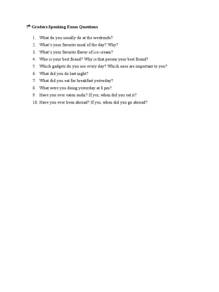 7th Grade Speaking Exam Questions | PDF | Self-Improvement