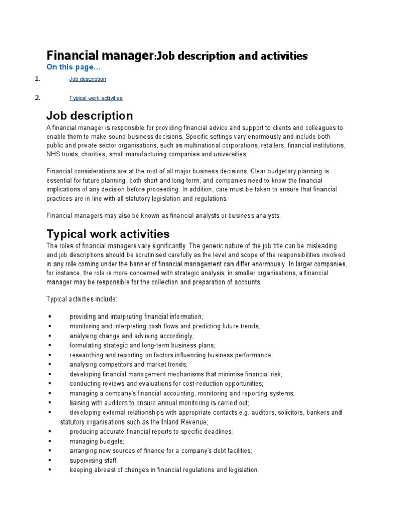 Financial Manager Job Description & Activities | PDF | Financial ...