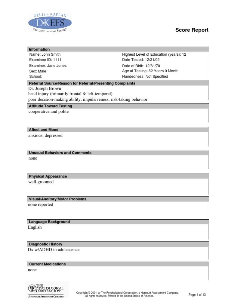 DKEFS Sample Report | PDF | Accuracy And Precision | Fluency
