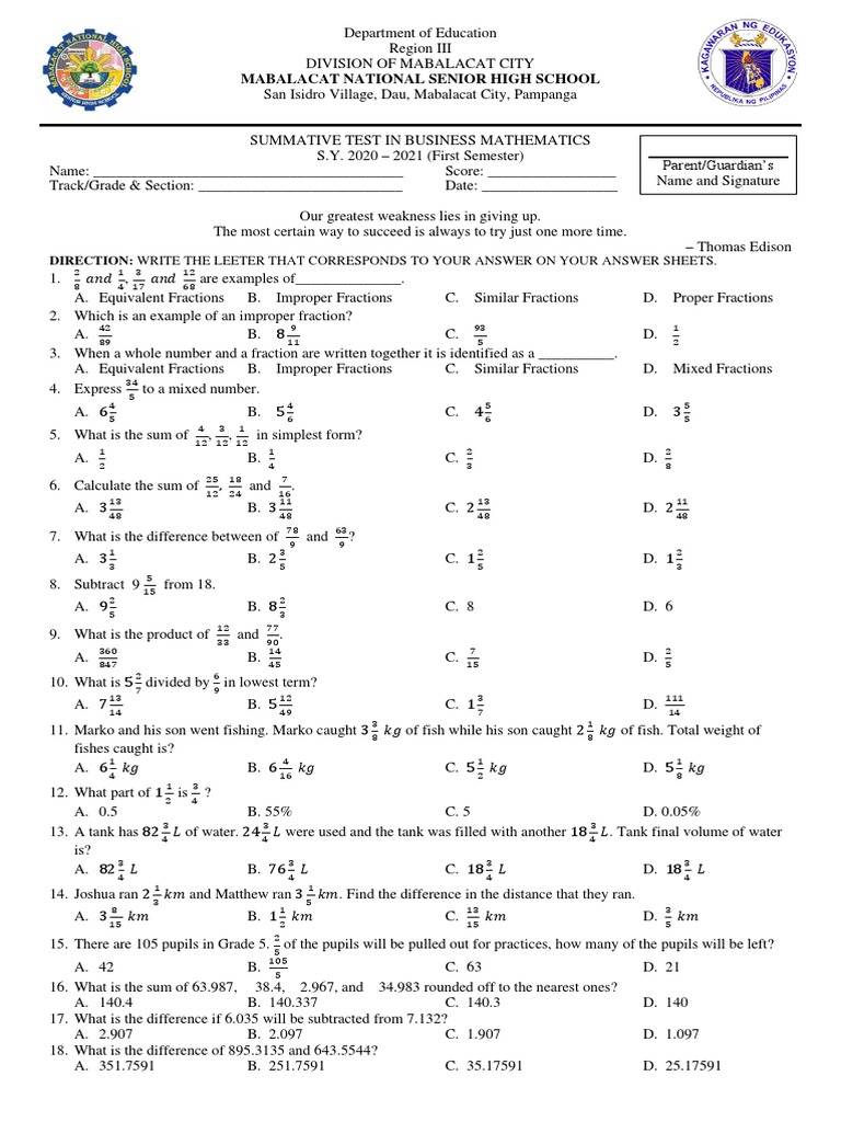 Business Math q1-1st Summative Test | PDF | Numbers | Teaching Mathematics