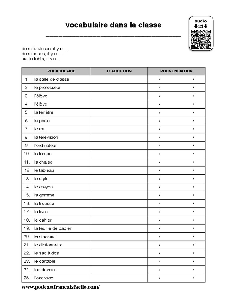 Vocabulaire de la classe en français | PDF | Études des langues étrangères
