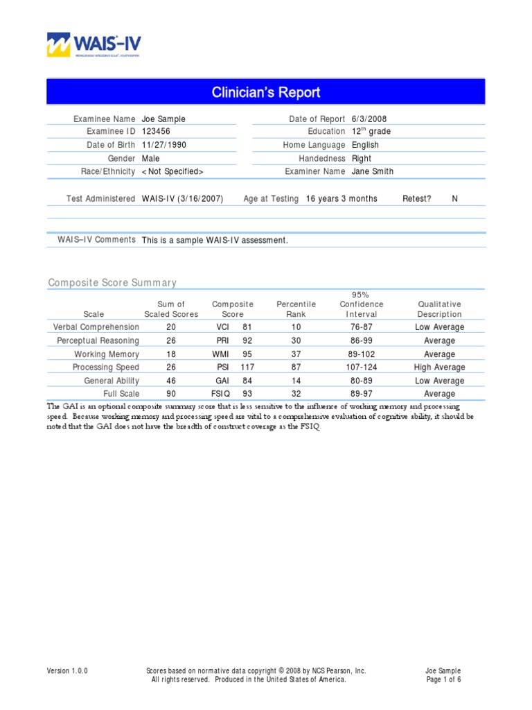 WAIS-IV Sample Report | PDF | Wechsler Adult Intelligence Scale | Tests