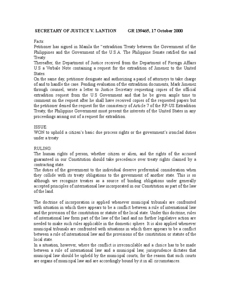 Secretary of Justice V Lantion Case Digest | PDF | Extradition | Treaty
