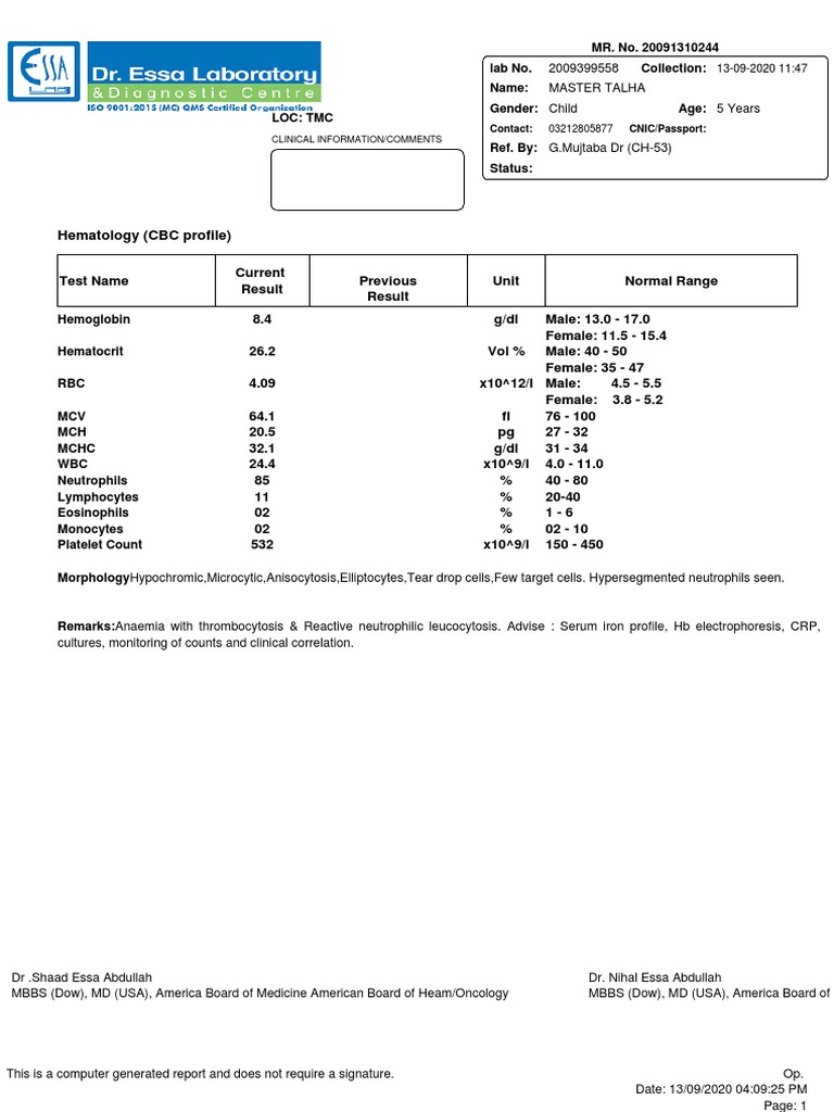 Hematology (CBC Profile) : Clinical Information/Comments | PDF ...