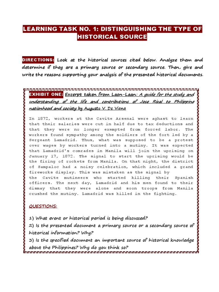 Learning Task No. 1: Distinguishing The Type of Historical Source | PDF | Philippines | Manila