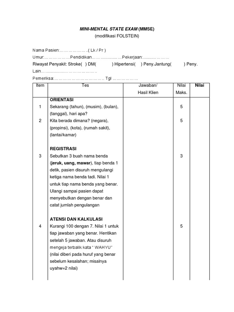 Tes Mini-Mental State (MMSE) | PDF