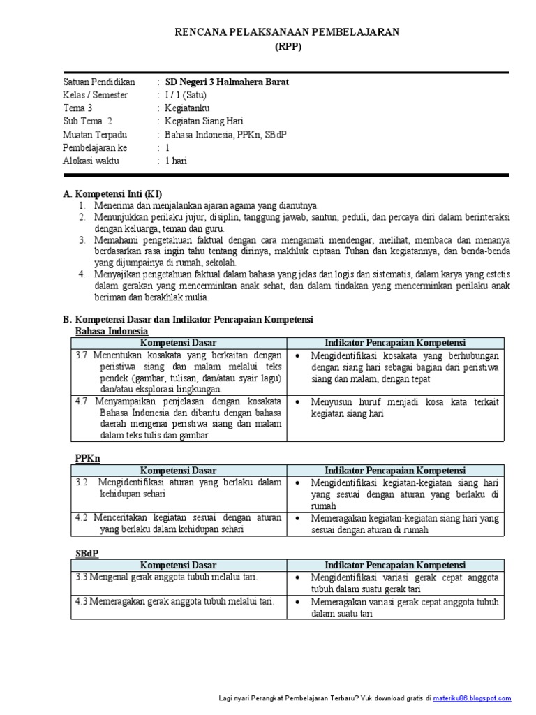 RPP Kelas 1 Tema 3 Subtema 2 | PDF