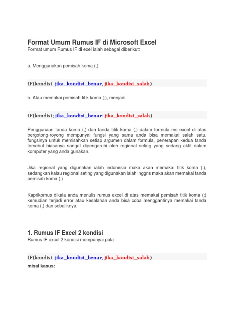 Format Umum Rumus IF Di Microsoft Excel | PDF