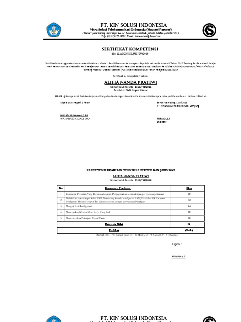 Contoh Sertifikat UKK | PDF