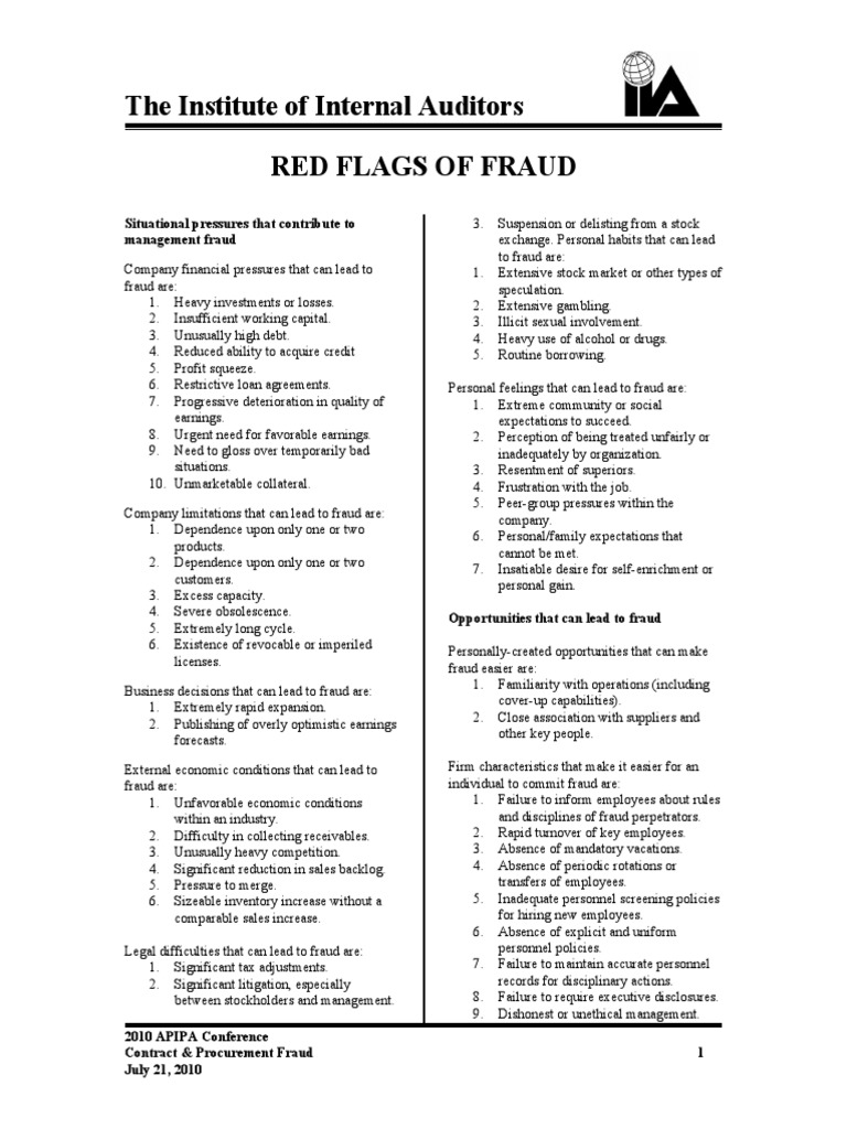 The Institute of Internal Auditors Red Flags of Fraud: Situational ...