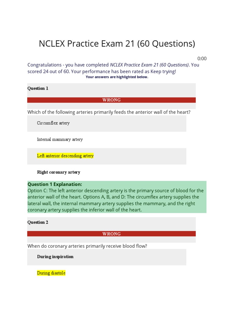 NCLEX Practice Exam 21 (60 Questions) | PDF | Heart | Coronary Circulation