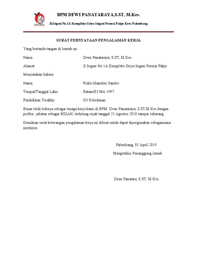 Surat Pernyataan Pengalaman Kerja | PDF