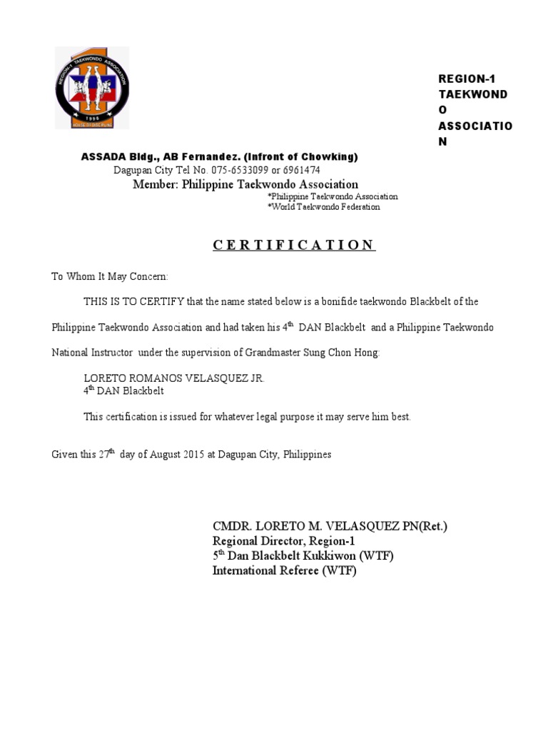 Certification: Member: Philippine Taekwondo Association | PDF