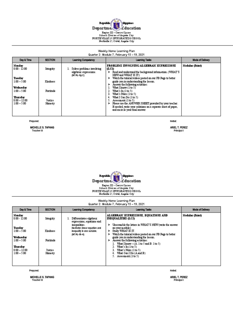 Department of Education: Republic of The Philippines | PDF | Equations ...