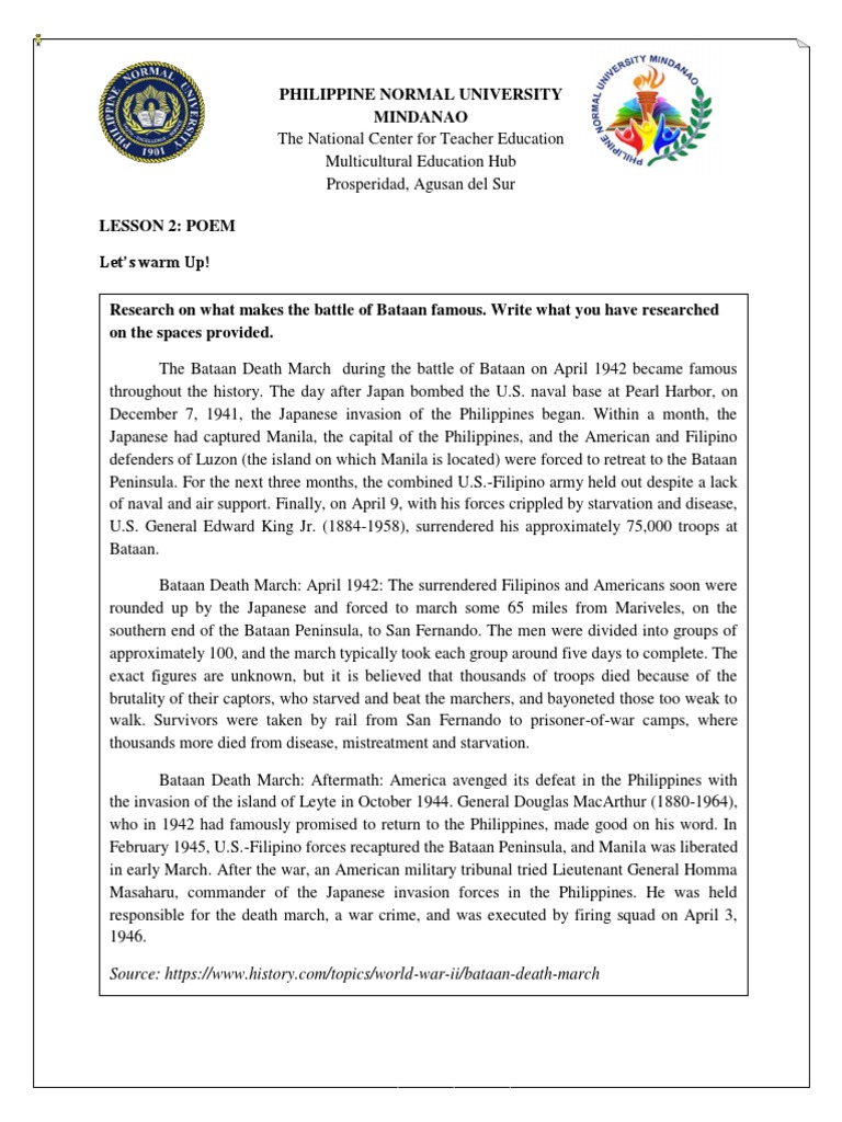 PNU Mindanao Lesson on Bataan Death March and Poem Analysis | PDF ...