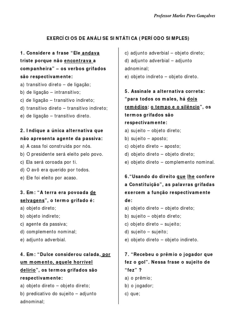 26 Exercícios Análise Sintática | PDF | Predicado (gramática) | Assunto (gramática)