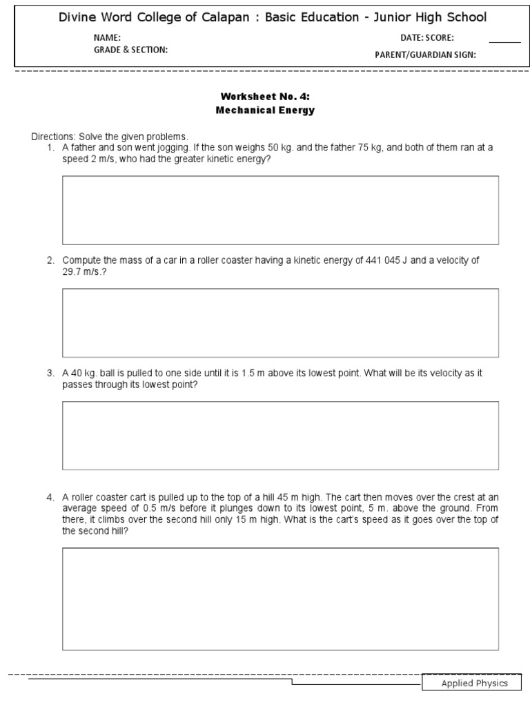 Name: Grade & Section: Date: Score: Parent/Guardian Sign:: Applied ...