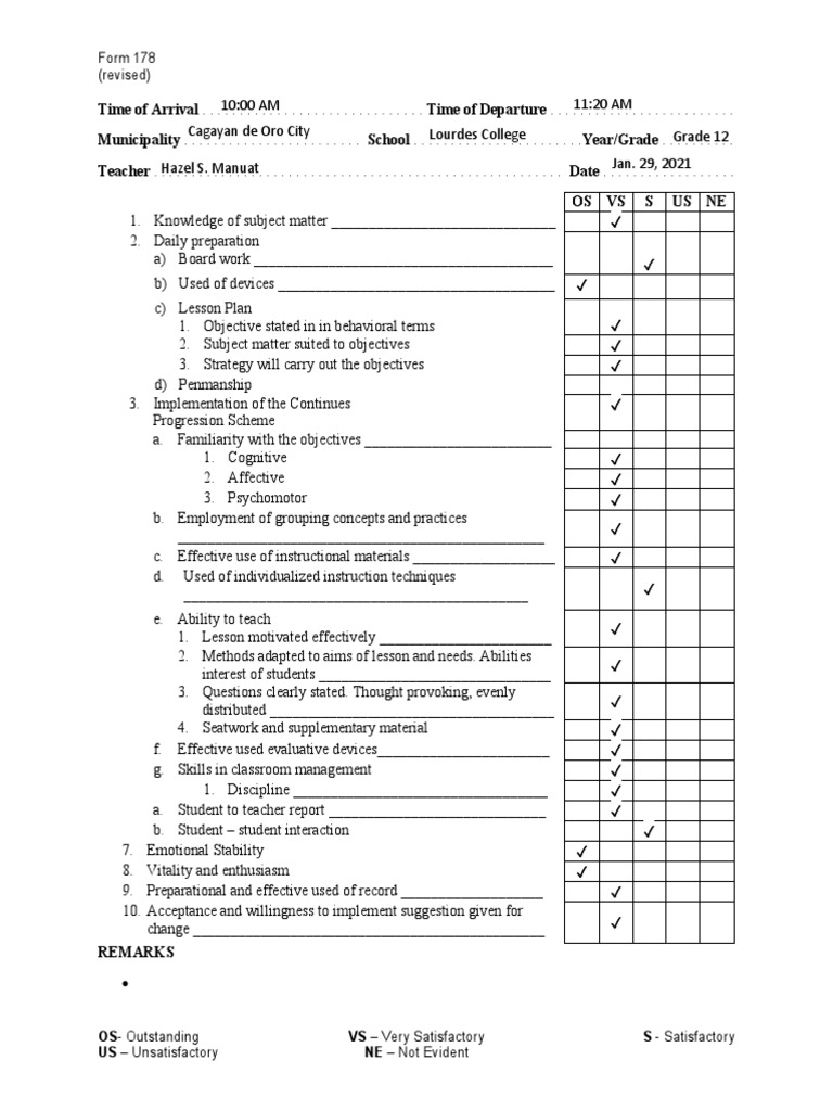 Form 178 (Revised) : OS-Outstanding VS - Very Satisfactory S ...