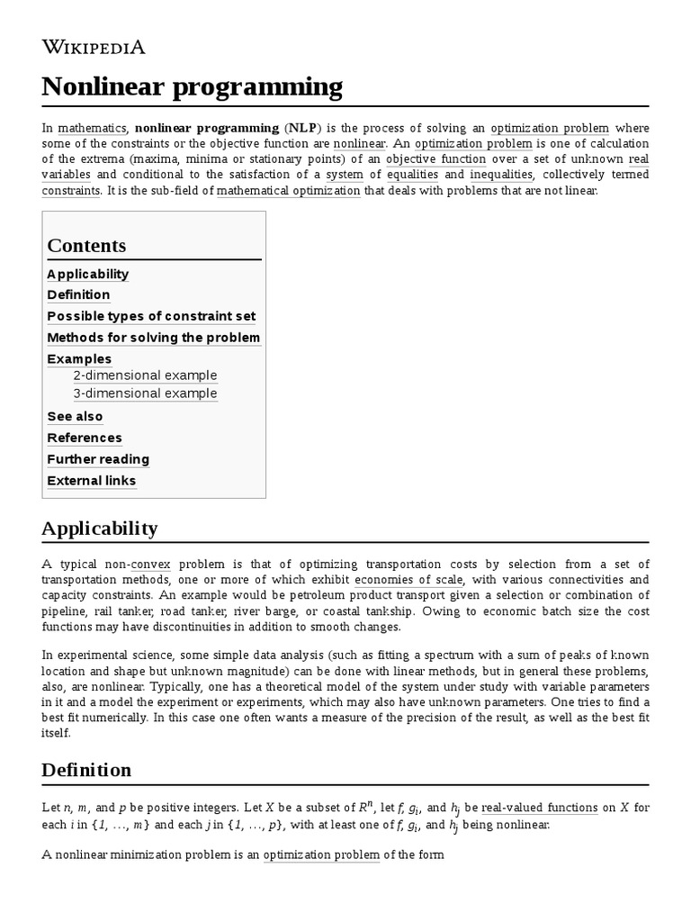 Nonlinear Programming: Applicability Possible Types of Constraint Set Methods For Solving The ...