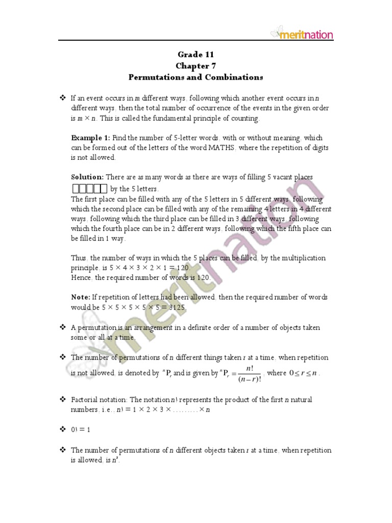 Class 11 Permutations and Combinations | PDF | Permutation | Numbers
