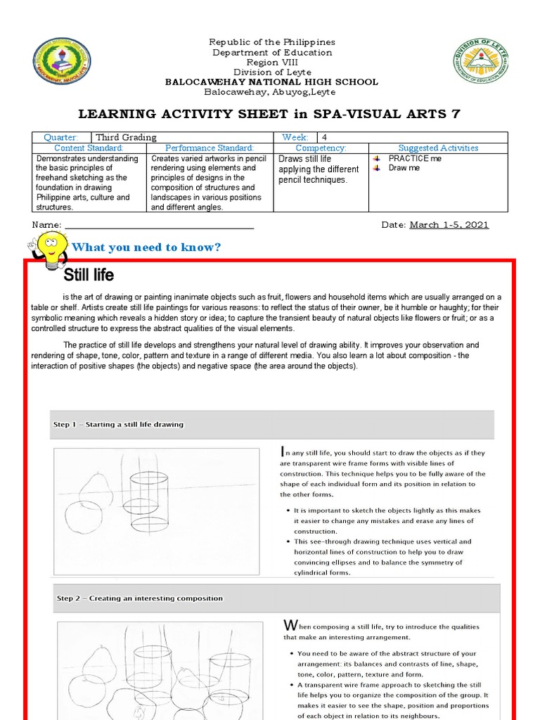 Still Life: Learning Activity Sheet in Spa-Visual Arts 7 | PDF | Still ...