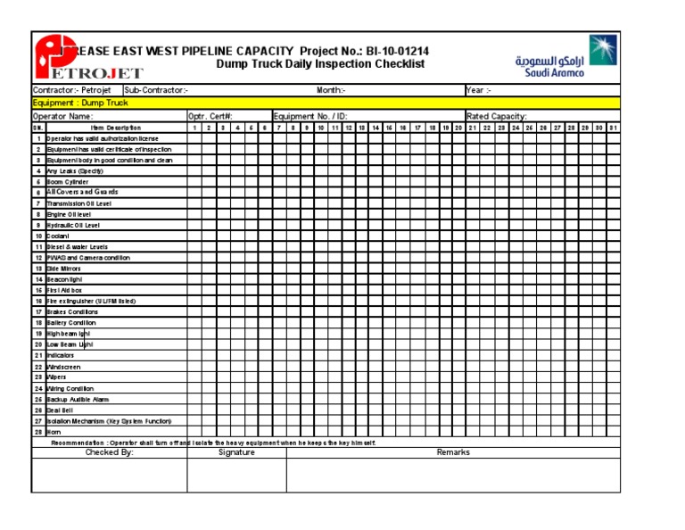Daily Inspection Checklist For Dump Truck | PDF