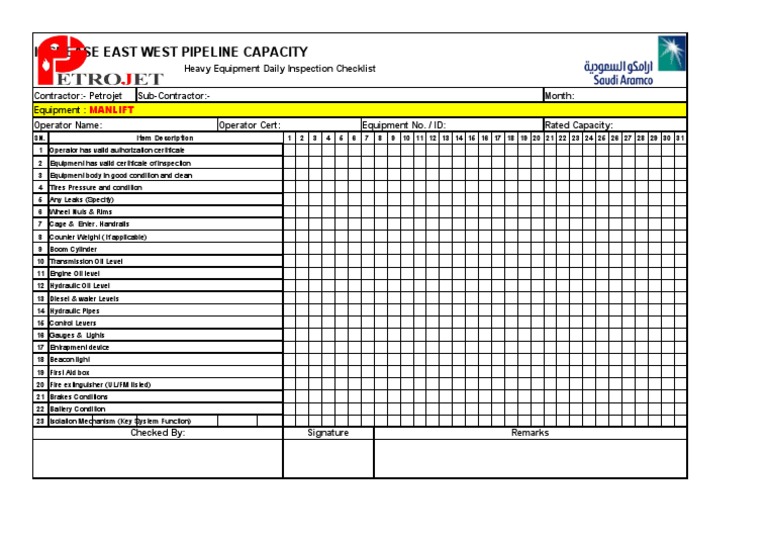 Daily Inspection Checklist For Manlift | PDF