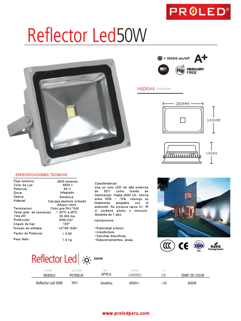Ficha - Tecnic Reflector LED 50W (1x50W) Luz Fria 6500K | Descargar gratis PDF | Diodo emisor de ...