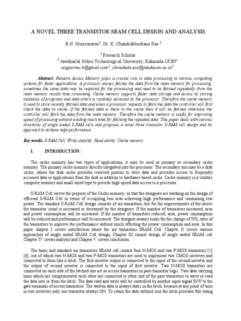 A Novel Three Transistor Sram Cell Design and Analysis | PDF | Computer ...