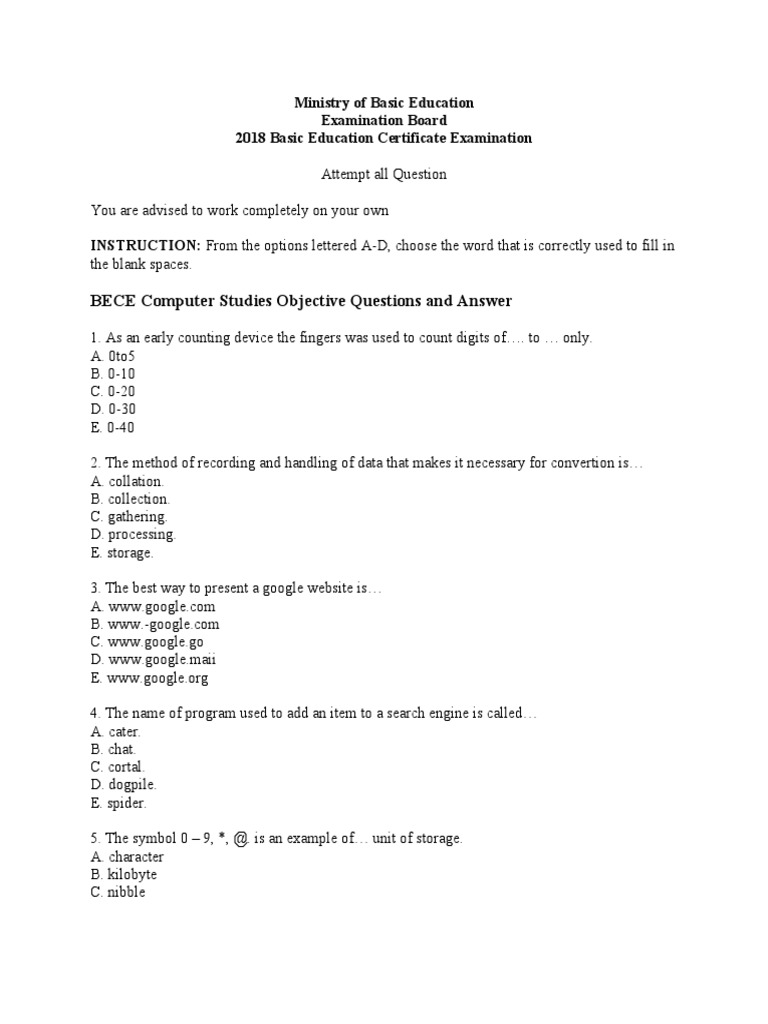 BECE Computer Studies Objective Questions and Answer | PDF | Microsoft ...