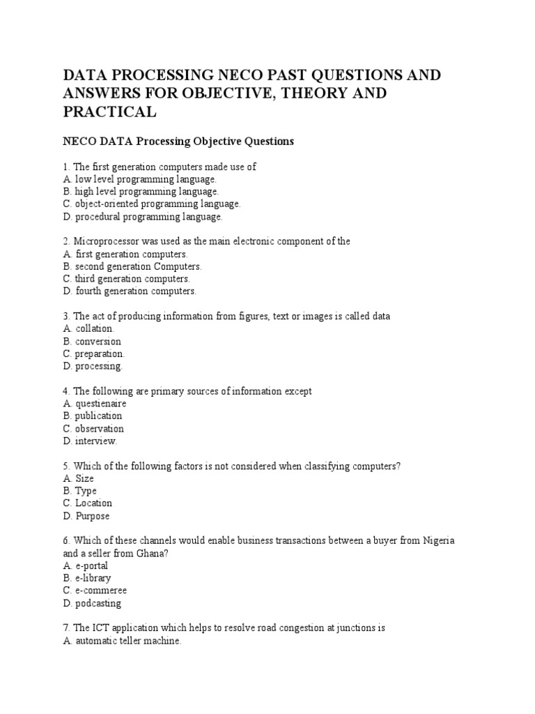 Data Processing Neco Past Questions and Answers For Objective | PDF ...
