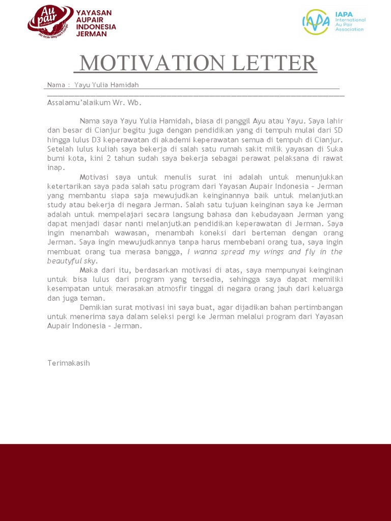 Surat Motivasi Program Au Pair Jerman | PDF | Pengembangan Diri