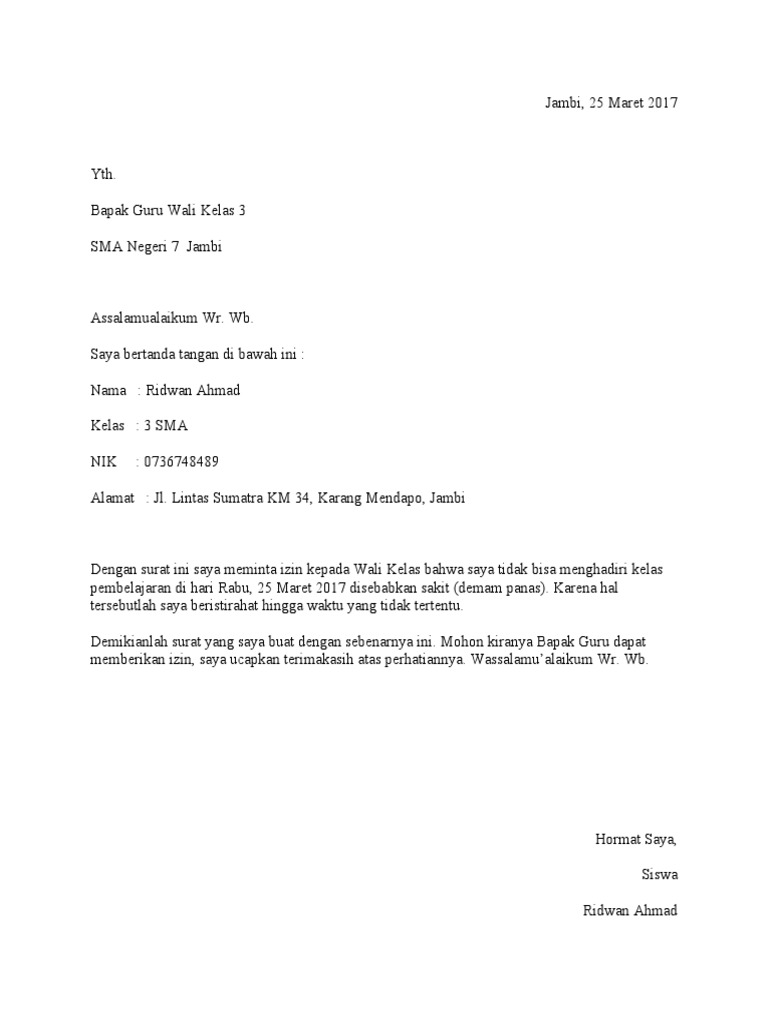 Contoh Surat Izin Sakit Tidak Masuk Sekolah Demam Panas | PDF