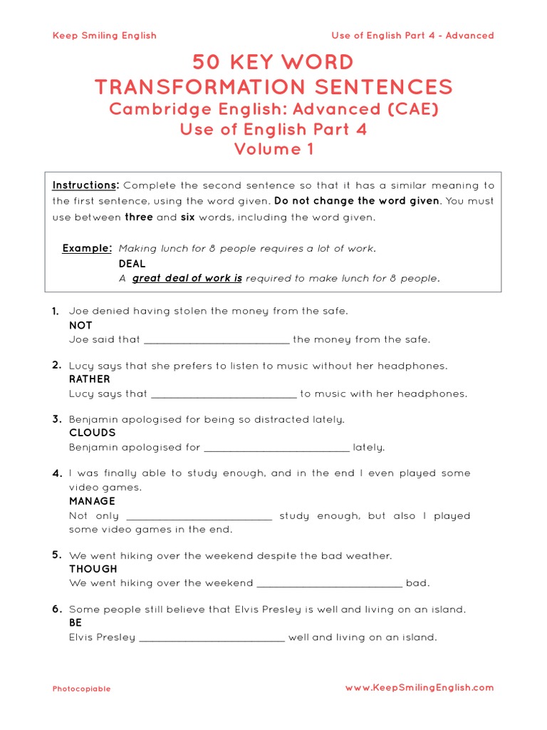 50 Key Word Transformation Sentences: Cambridge English: Advanced (CAE ...