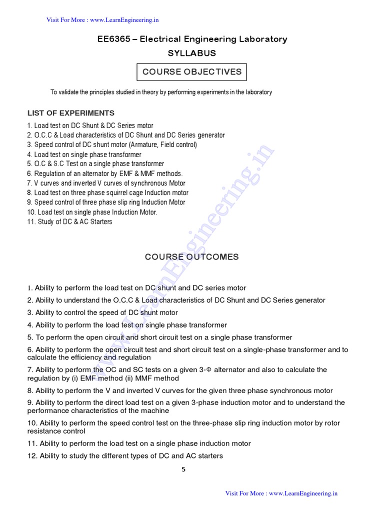 Electrical Engineering Lab Syllabus | PDF | Electric Motor | Electric ...