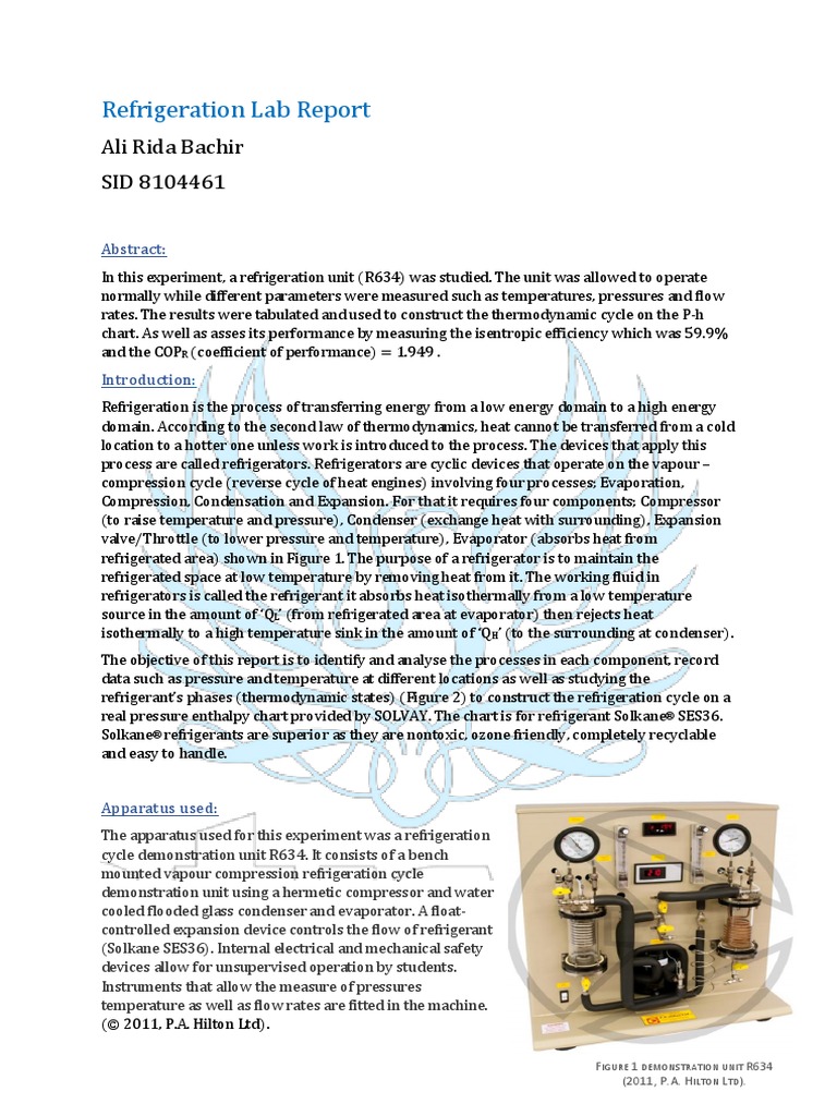 Refrigeration Lab Report: Ali Rida Bachir SID 8104461 | PDF ...