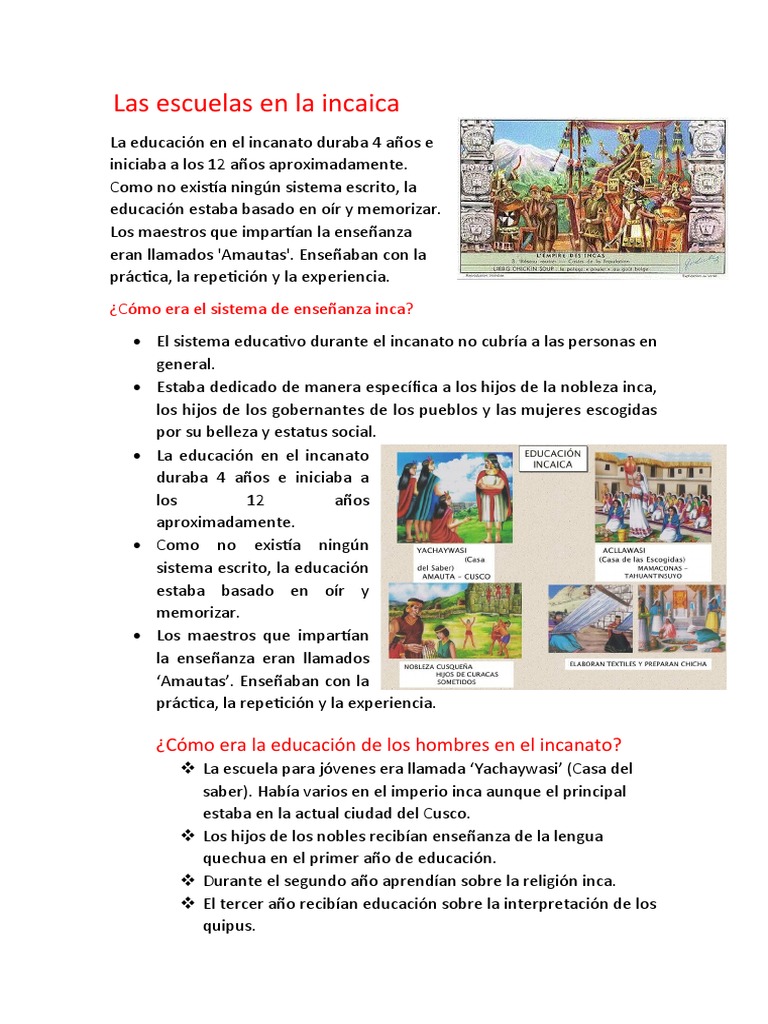 Las Escuelas Incaicas | PDF | Imperio Inca | Educación avanzada