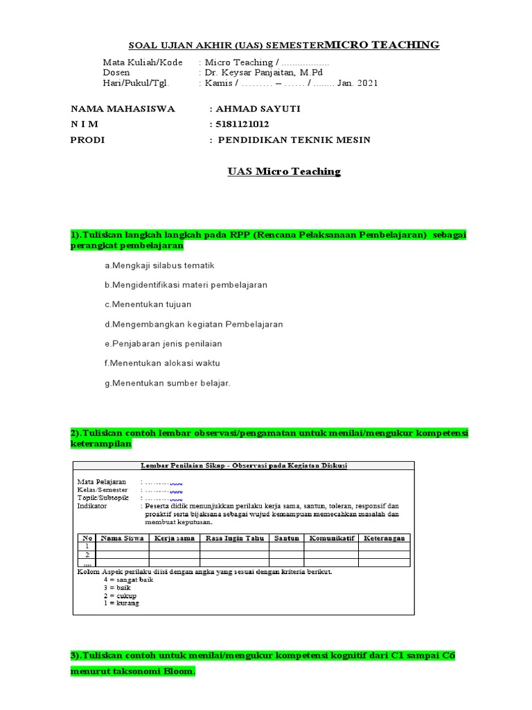 UAS Micro Teaching: RPP dan Taksonomi Bloom | PDF