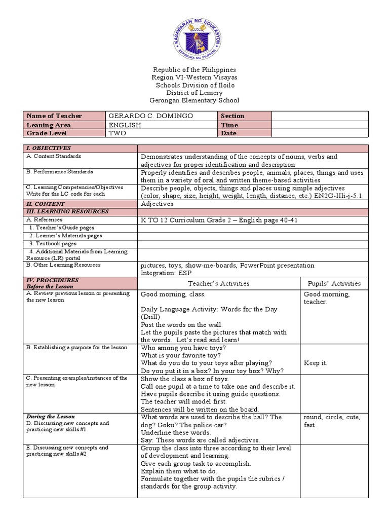 Name of Teacher Section Leaning Area Time Grade Level Date: I ...