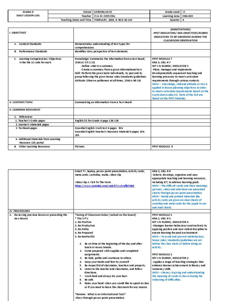 Cot - DLP English 6 - Summarizing Informations Heard by Master Teacher Eva M. Corvera | PDF ...