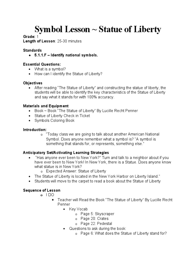 Symbol Lesson Plan Statue of Liberty | PDF | Cognition | Teaching