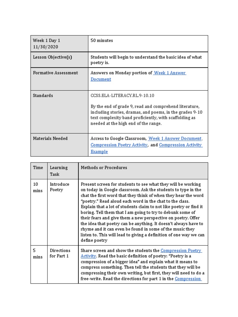 Poetry Plans Day 1 and 2 | PDF | Poetry | Education Theory