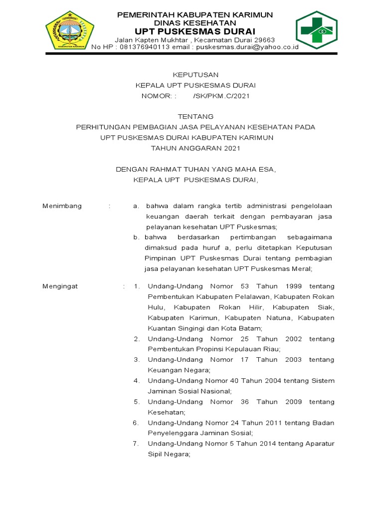 SK Perhitungan Jaspel JKN 2021 PKM Durai | PDF