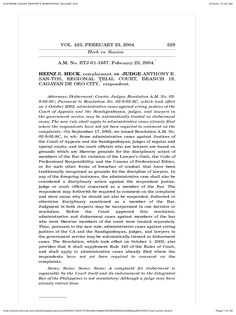 Heinz Heck vs. Judge Santos A.M. No. RTJ-01-1657 Feb 23, 2004 | PDF ...
