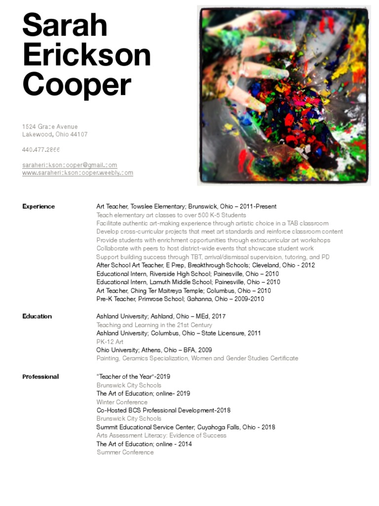 Sarah Erickson Cooper Resume | PDF | Human Nature | Teachers