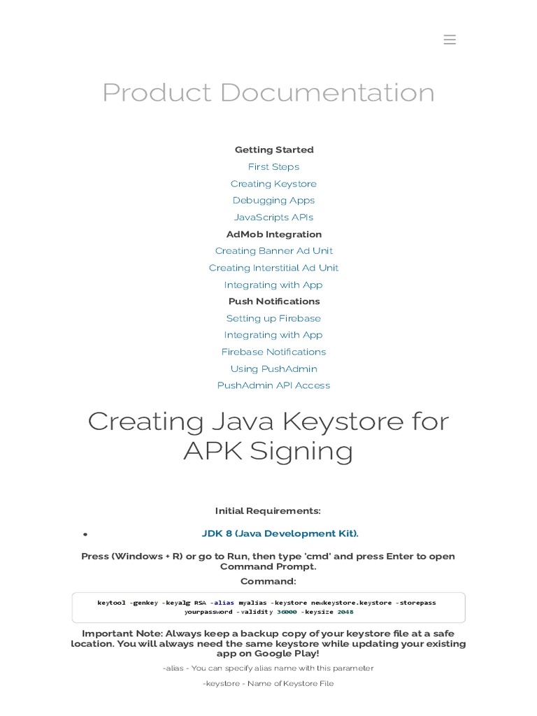 Creating Keystore For App Signing - Documentation - Website 2 APK Builder | PDF | Business ...