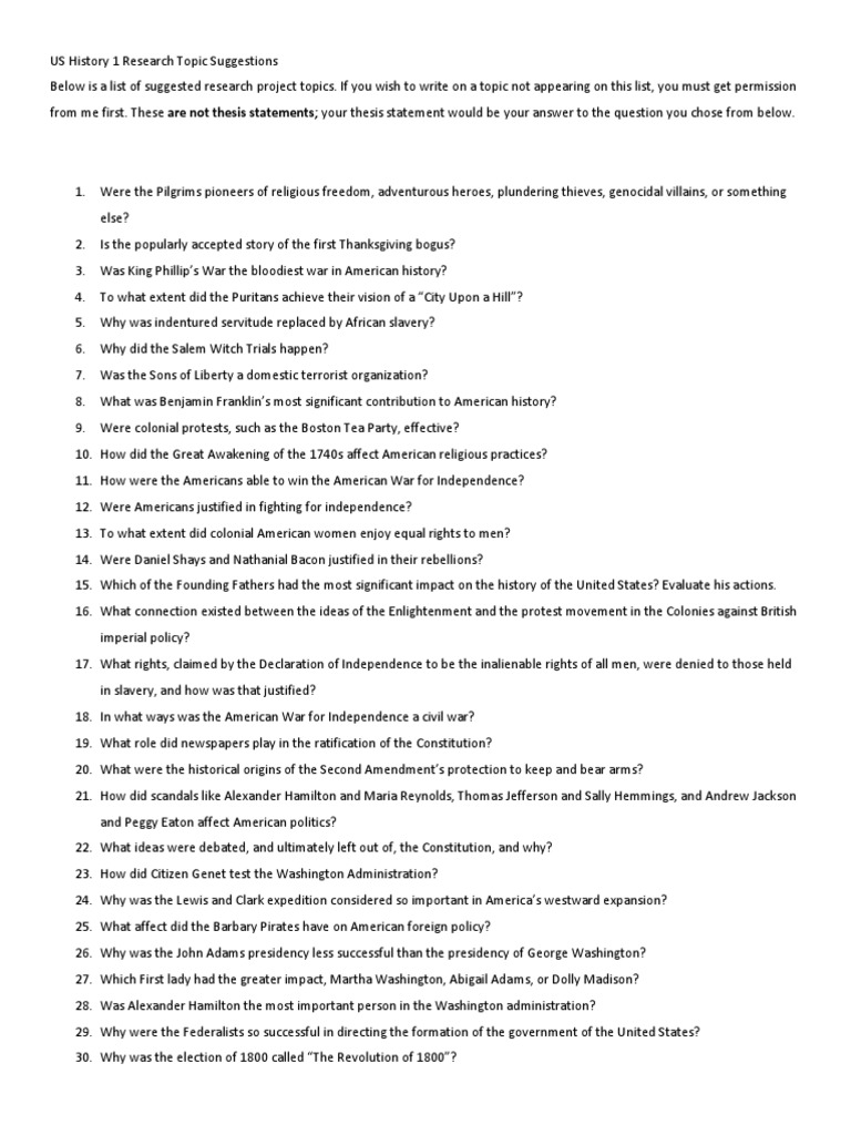 US History 1 Research Paper Topic Suggestions | PDF | American Civil ...